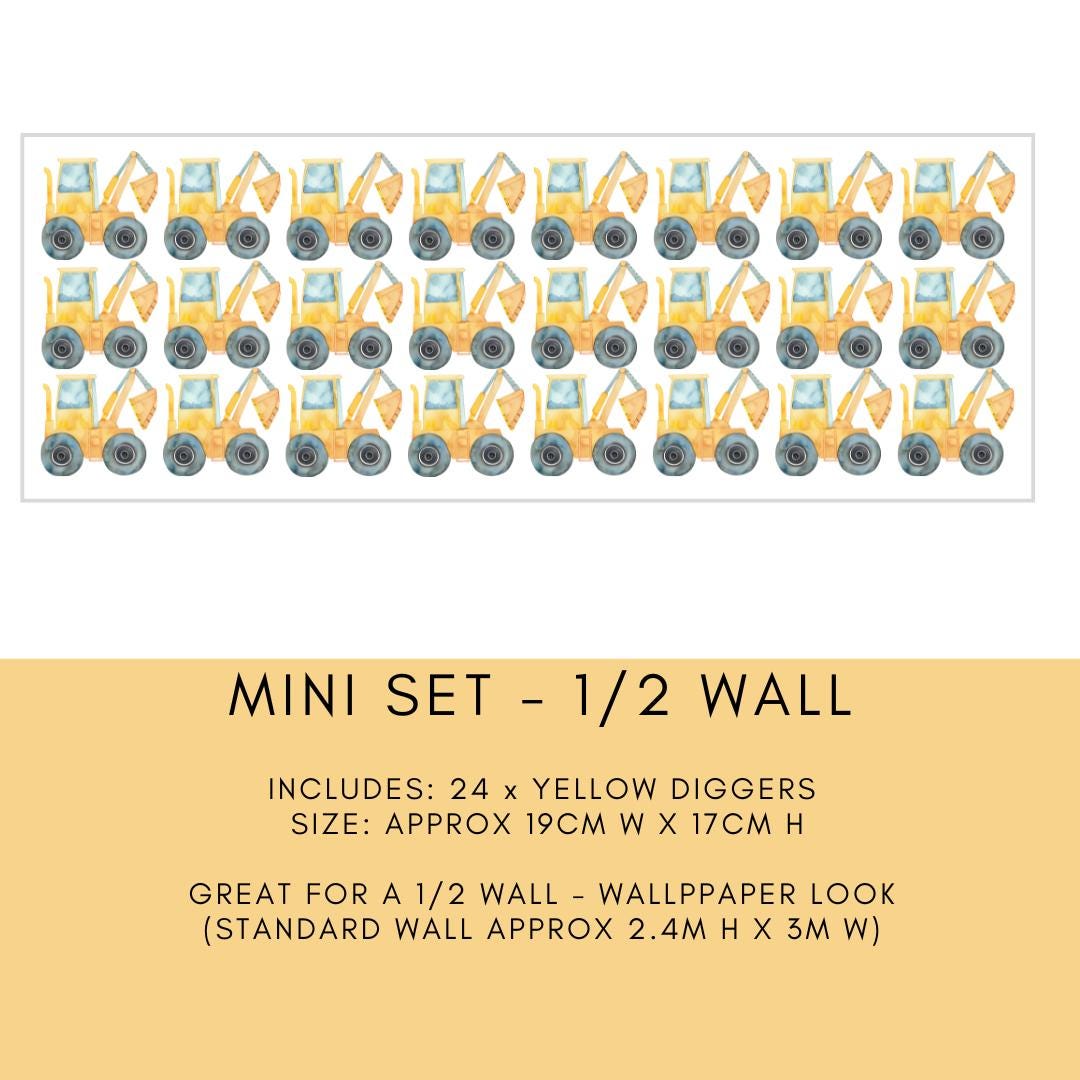 Mini Yellow Digger Packs, Wallpaper Look, Mini Trucks, Boys Bedroom ...