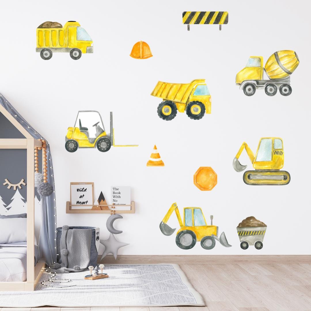 Work Zone Wall Decals, Construction, Trucks, Digger, Forklift, Trucks ...