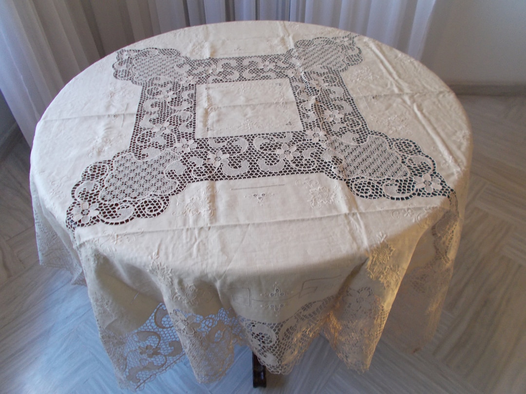 ANTIQUE LINEN TABLECLOTH 173x173cm Hand Done Point De Venise Lace and ...
