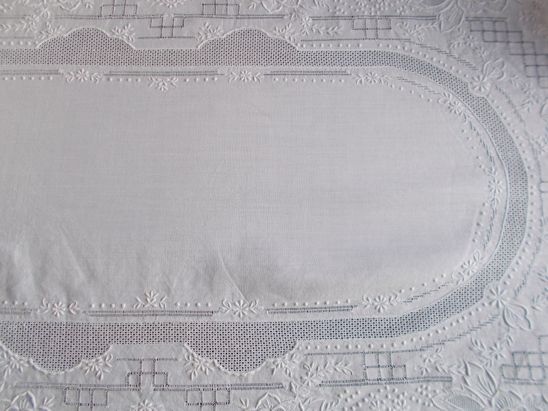 Vintage Unused.elegant 0val White Linen Tablecloth With Hand - Etsy