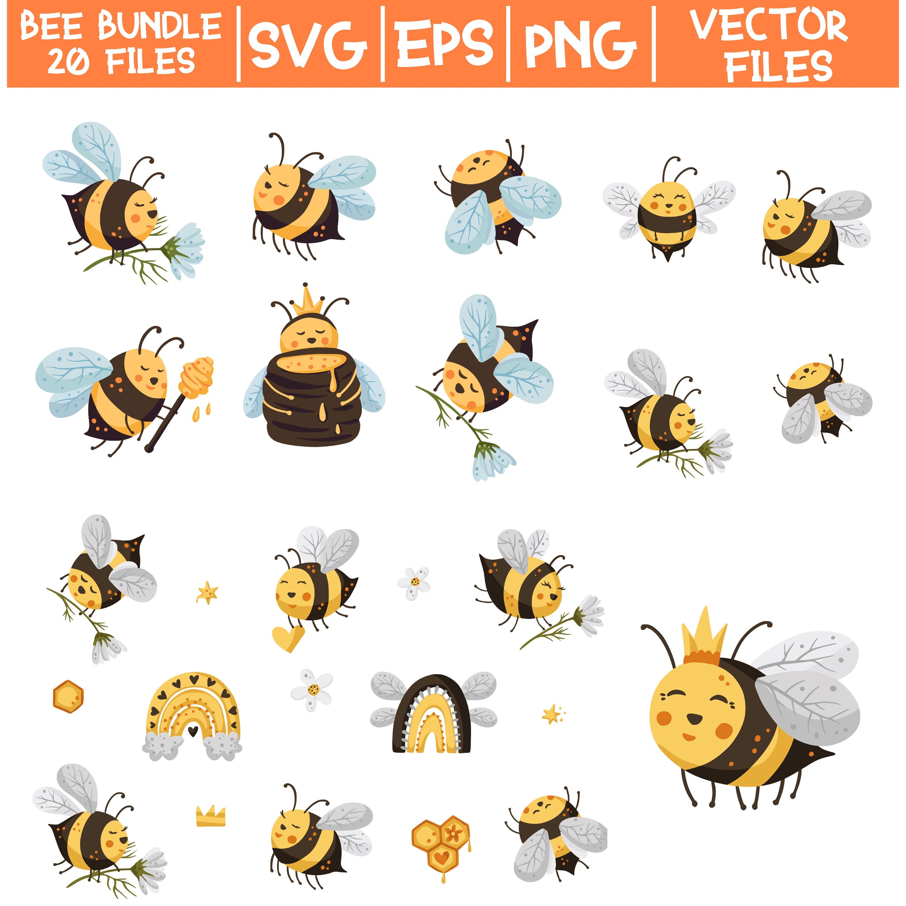 20x Bee Svg Bundle, Bee Png, Honeycomb Svg, Bee Clipart, Queen Bee Svg ...
