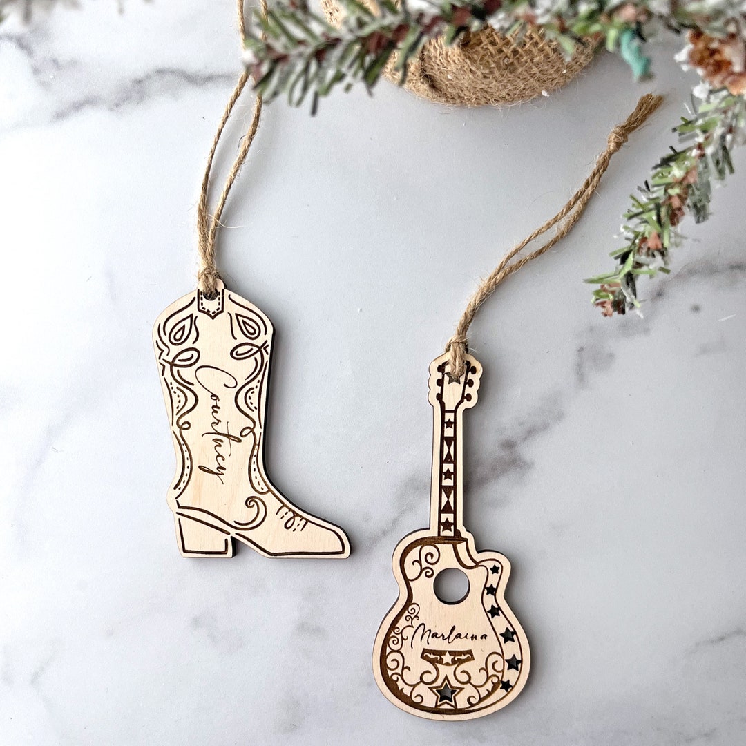 Personalized Engraved Cowgirl Cowboy Boot and Guitar Ornaments - Etsy