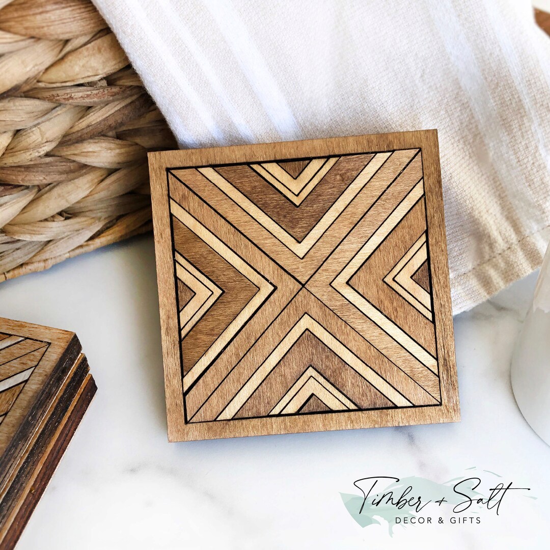 Set of 4 Wood Inlay Coasters Neutral Scandi Coastal Beachy Boho Coastal ...
