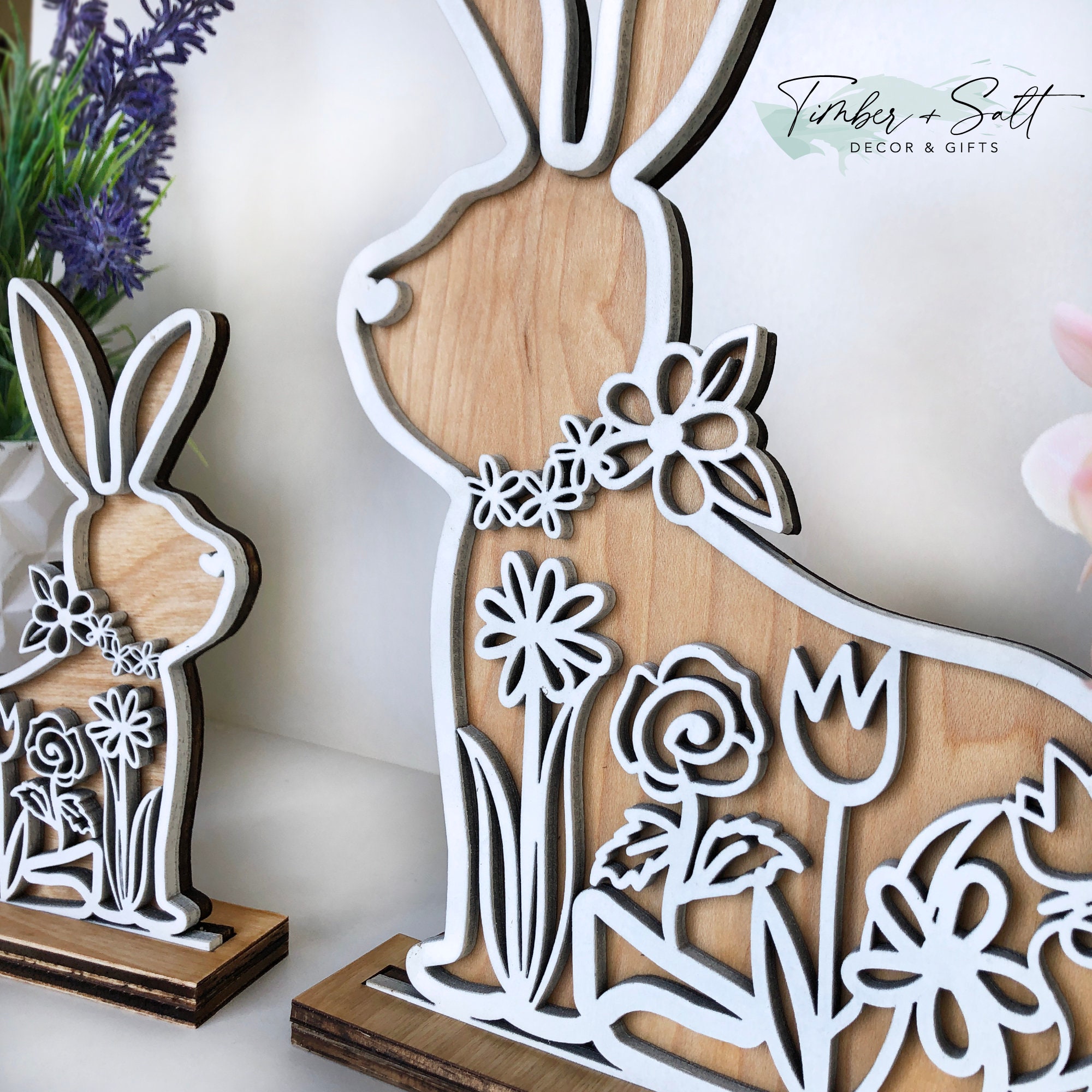 Mama & Baby Wooden Bunny Rabbits in Stands Shelf Table - Etsy