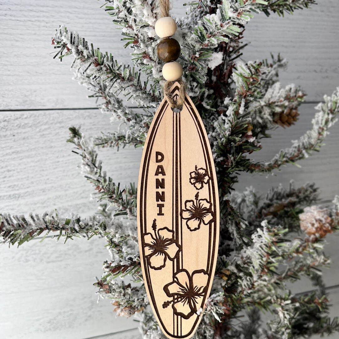 Personalized Engraved Surfboard Ornament With Hibiscus Details Walnut ...