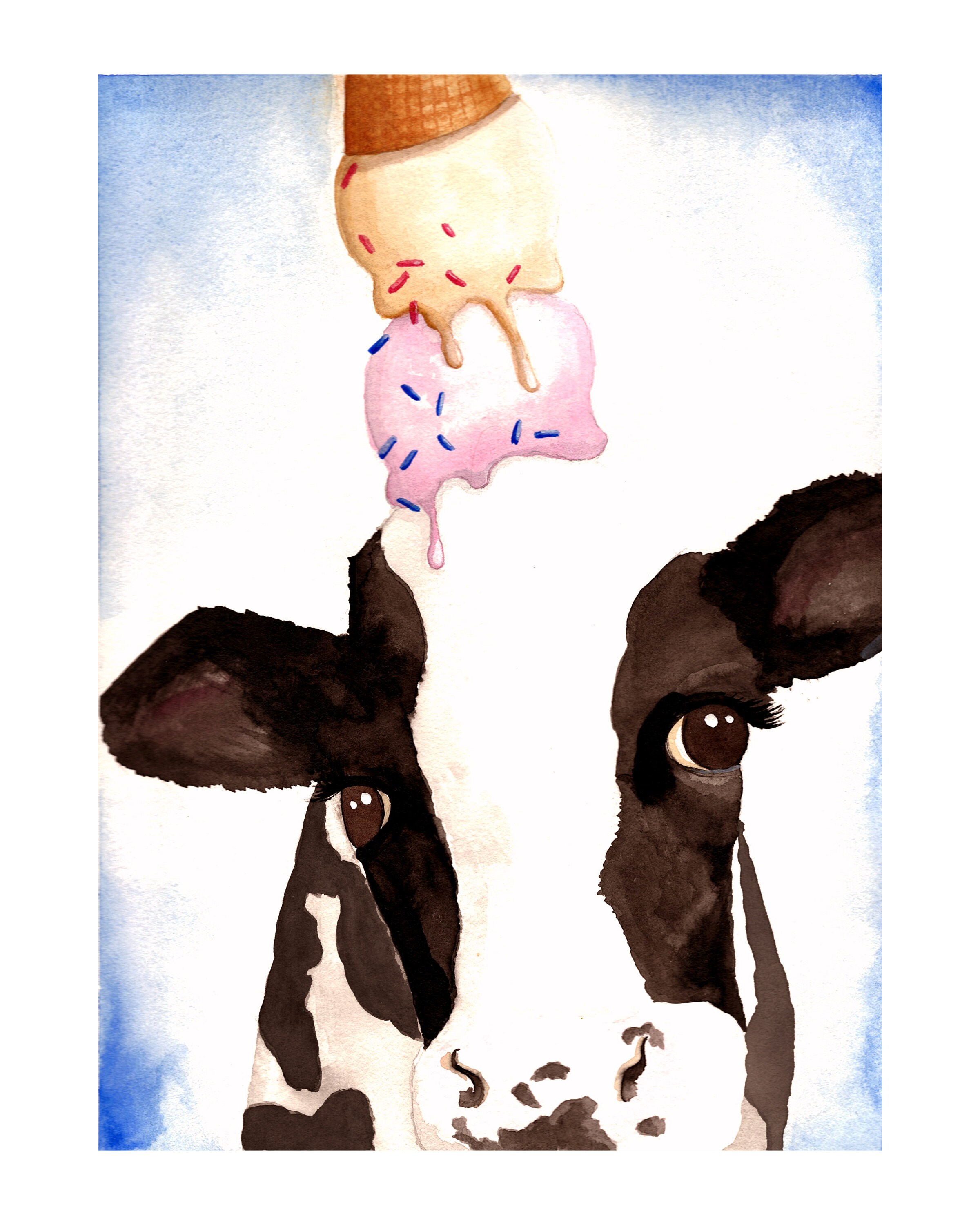 Ice Cream Cow Watercolor Print - Etsy UK