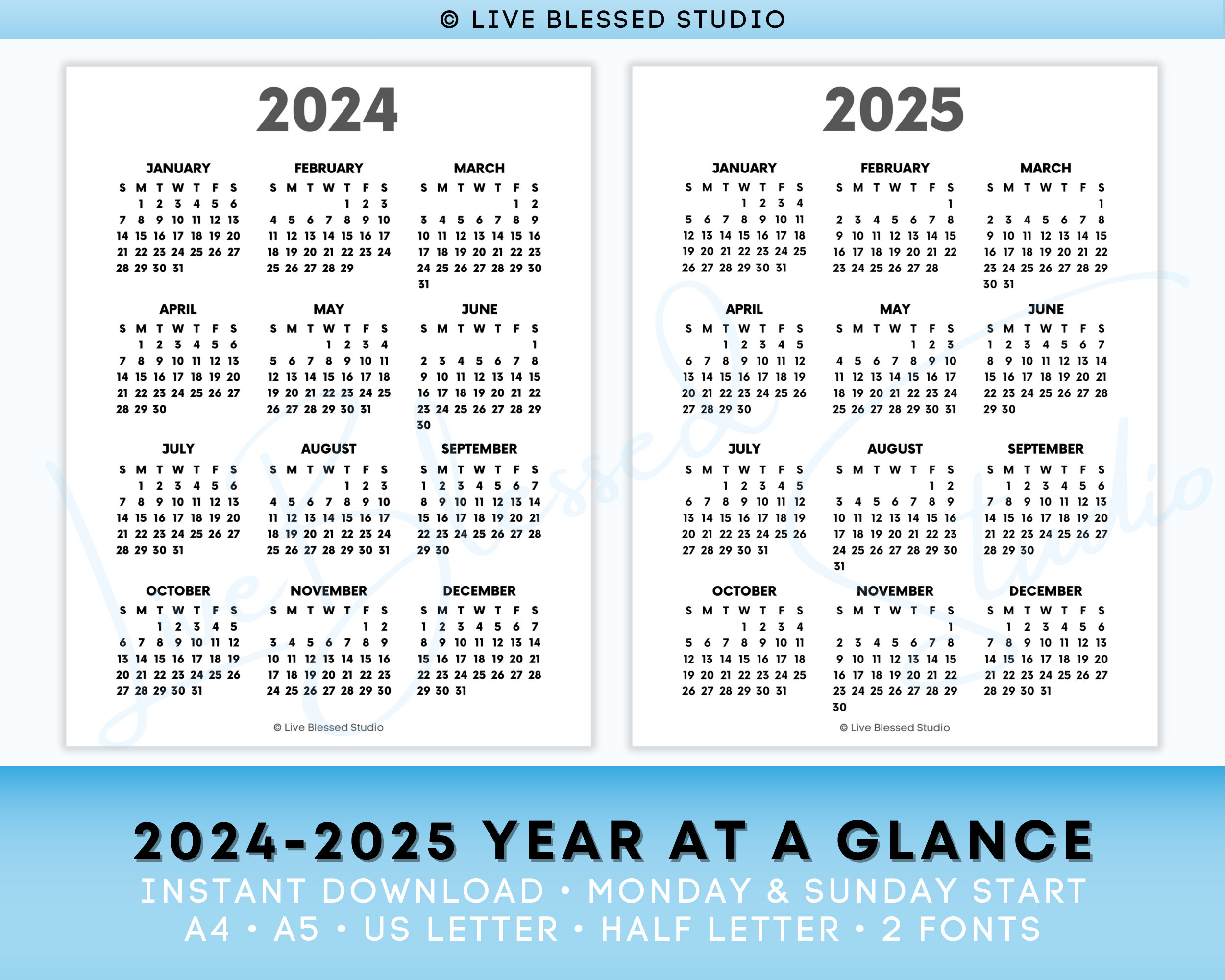 2024-2025 Year at a Glance, Calendar Printable, Yearly Agenda, US ...