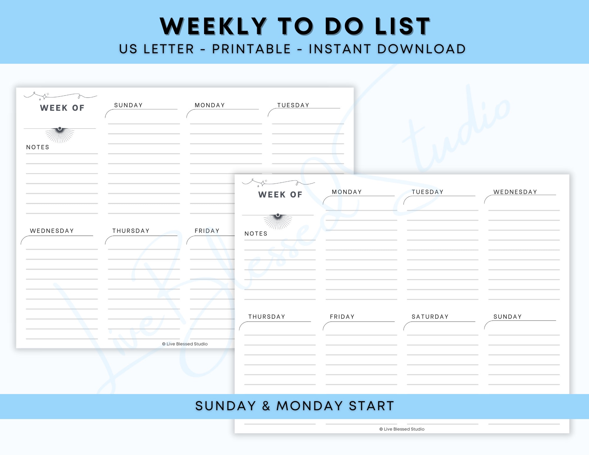Weekly Planner to Do List Printable, Sunday/monday Start, PDF Printable ...