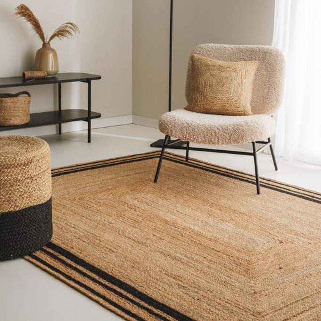 Black Handmade Jute Rug, Boho Living Room Rug/ Natural Jute Rug, Square ...