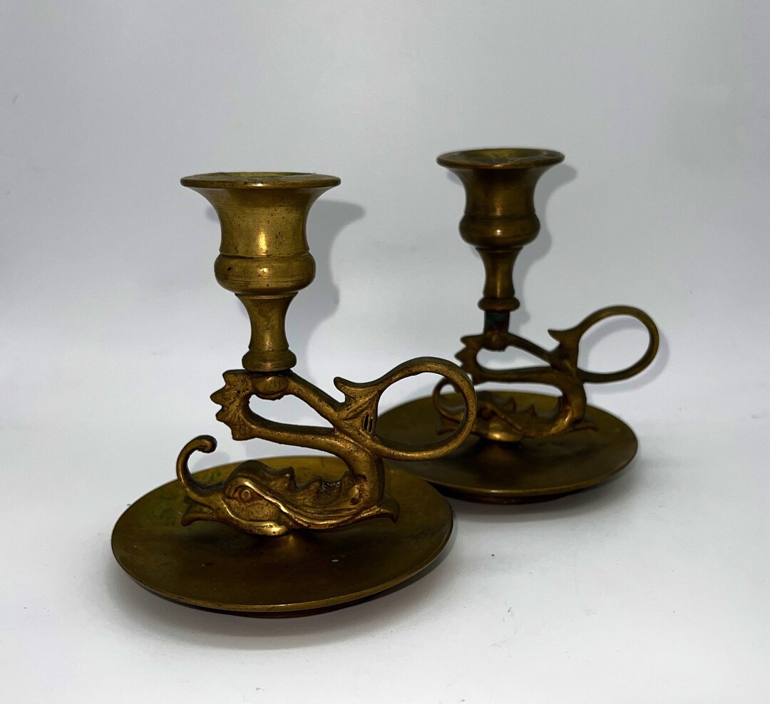 Antique Brass Koi Fish Chamber Candlestick Vintage Bronze Dragon Candle ...