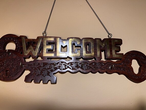 Vintage Wooden Carved Key Shaped Key Rack With Welcome in - Etsy