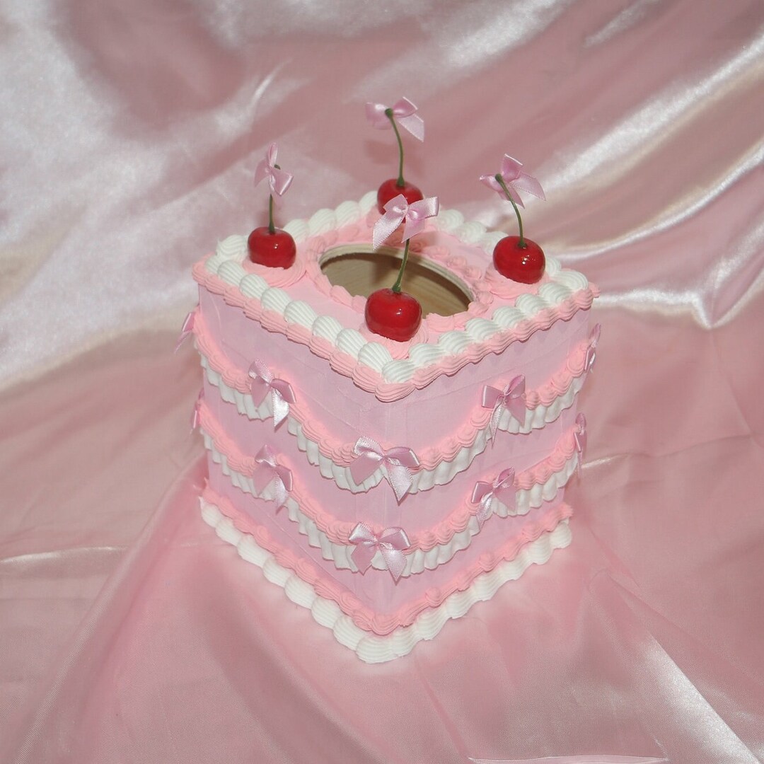 Vintage-style Pink and White Fake Cake Tissue Box Holder With Pink Bow ...