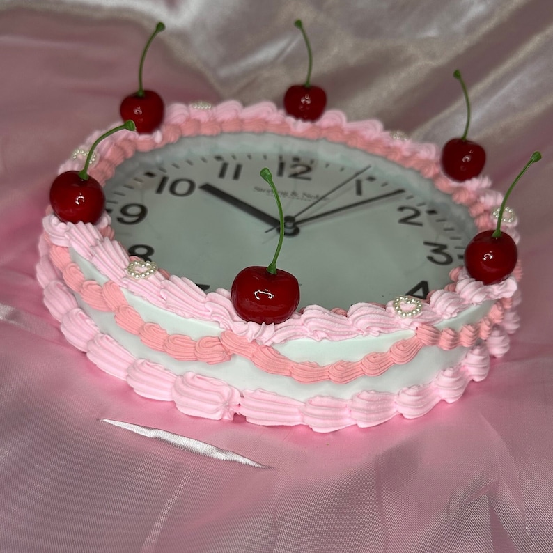 Vintage Style Kawaii Coquette Pink and White Fake Cake Clock With ...