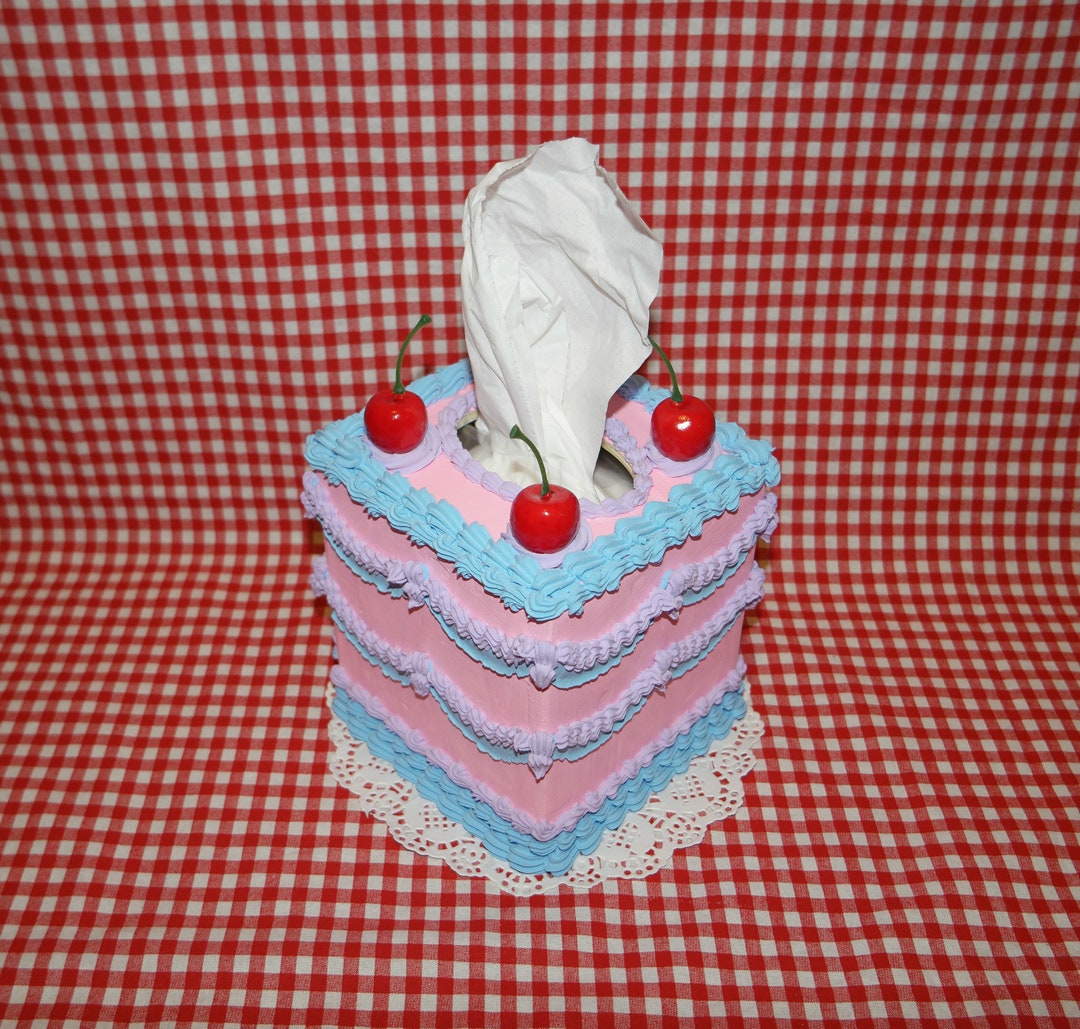 Vintage-style Pink, Blue, and Purple Fake Cake Tissue Box With Cherries ...