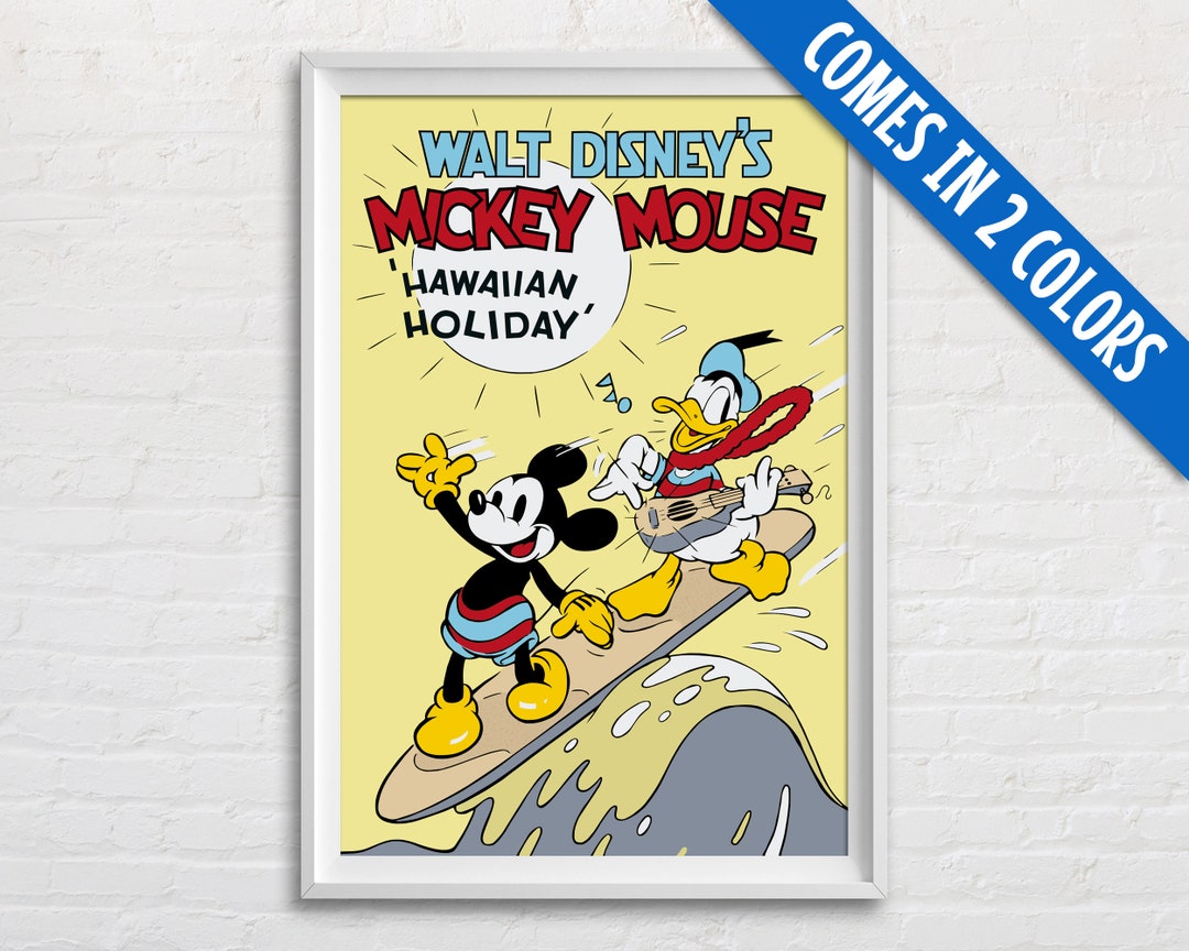 Mickey Mouse Hawaiian Holiday Poster in Blue, Vintage Disney Cartoon ...