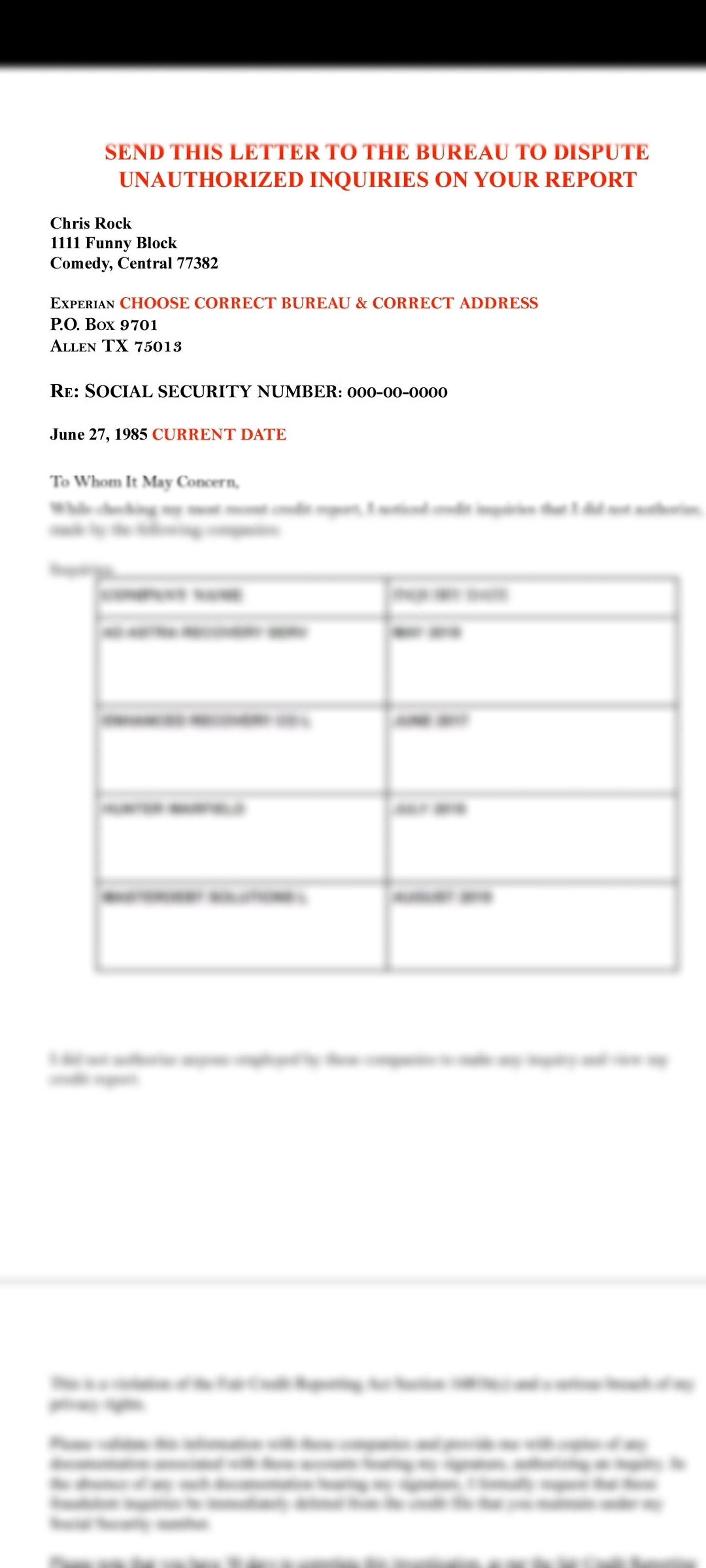 Inquiry Removal Letter (credit Report) - Etsy