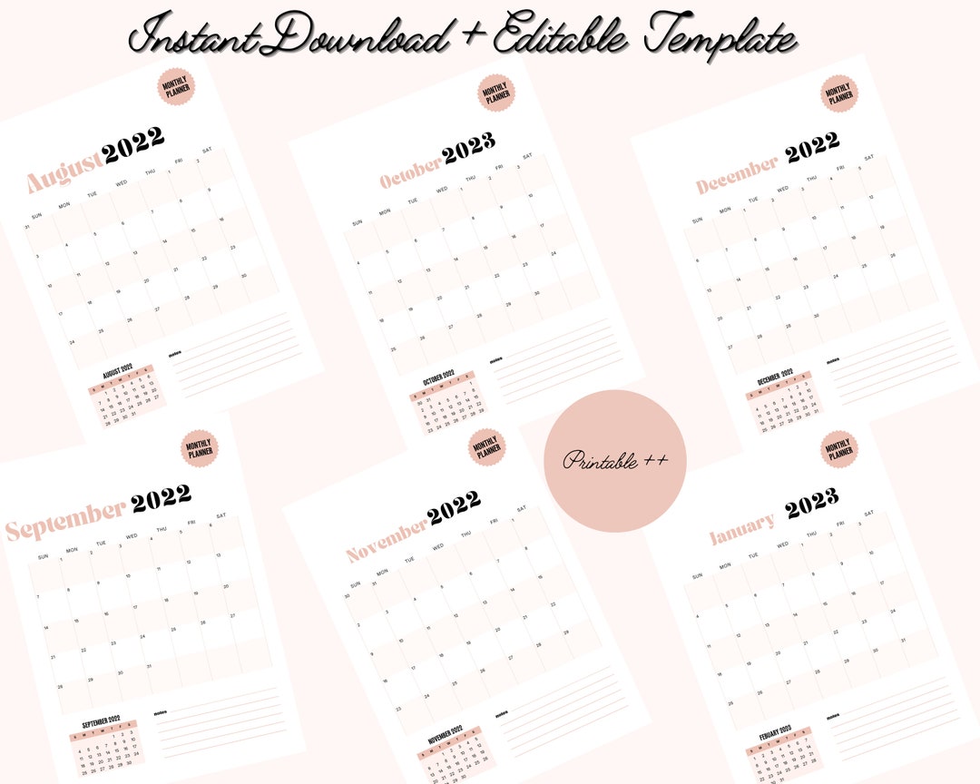Dusty Pink Minimalistic Monthly Planner Calendar, 2022-2023 Calendar ...