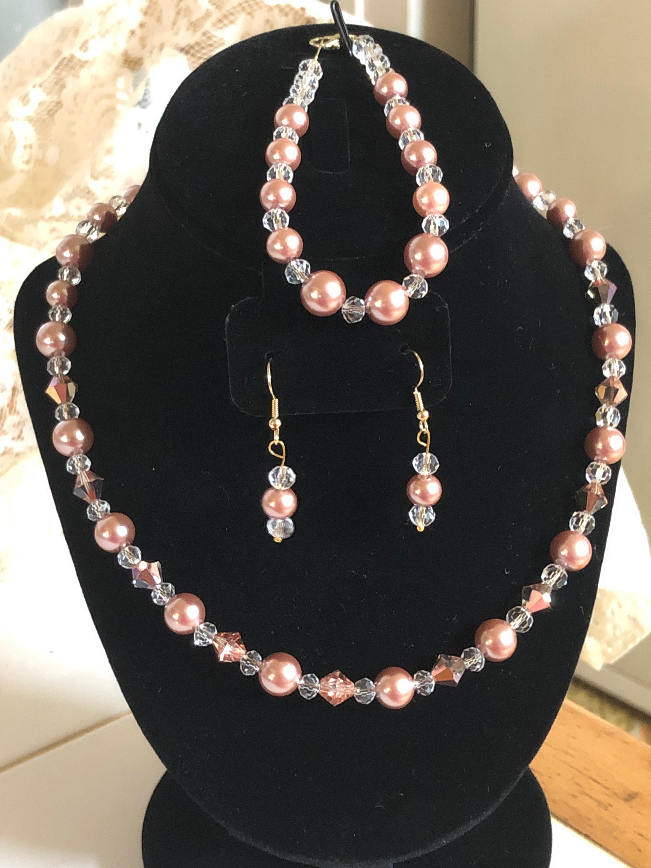 Dark Rose Pearls With Champagne Gold Crystals, Necklace Bracelet and ...