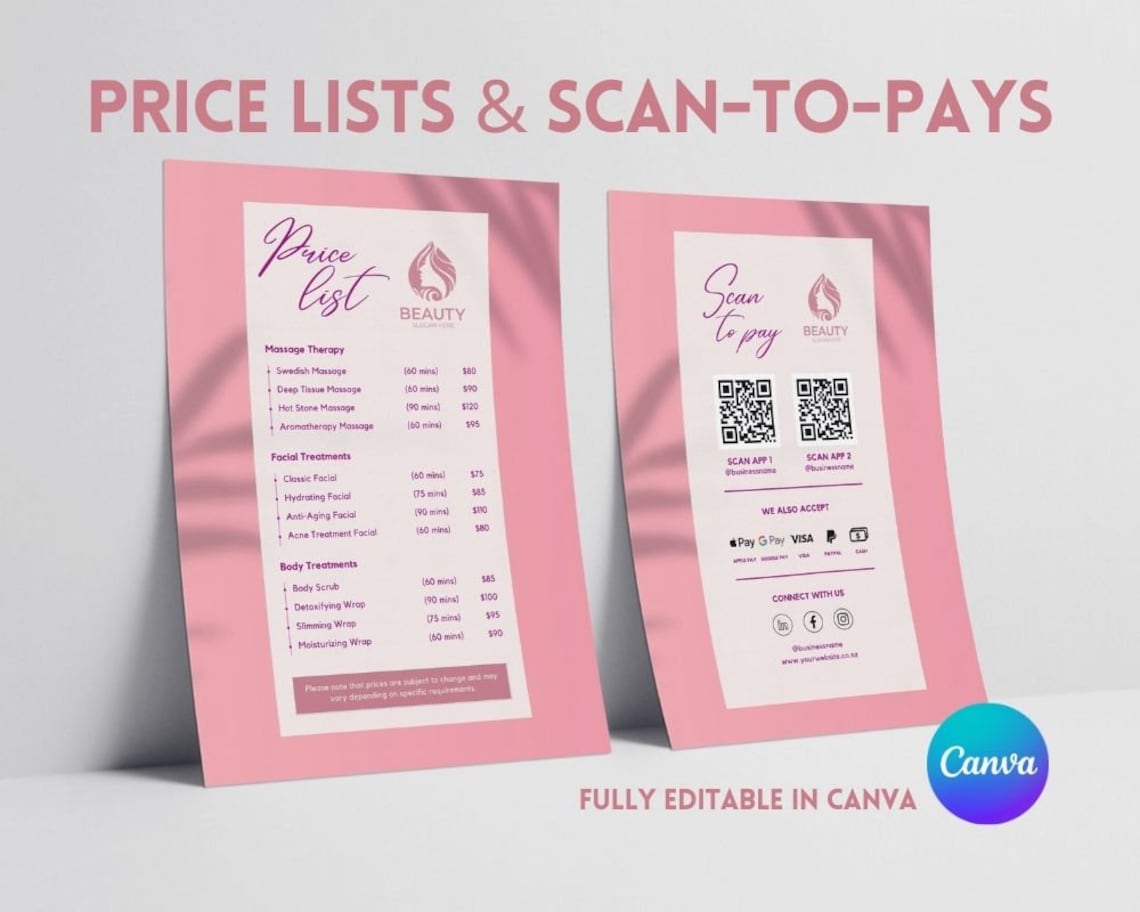 Price List Template, Editable Price List Template Canva, Beauty Salon ...