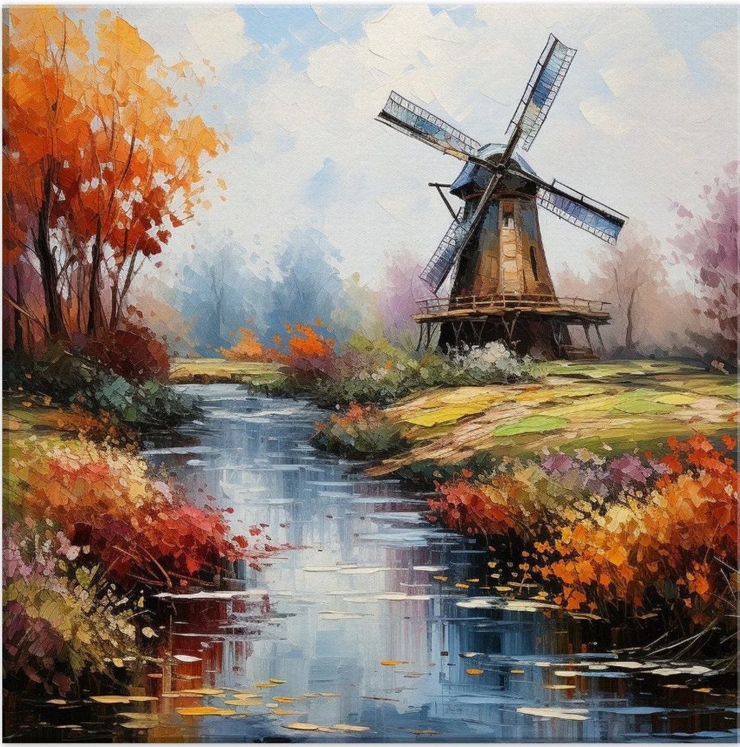 Windmill by a Creek | Canvas - Etsy