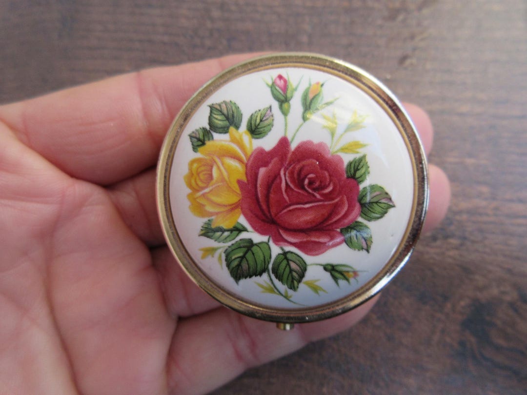 Vintage Japanese Rose Pill Box: Gold Tone Divided Compact - Etsy
