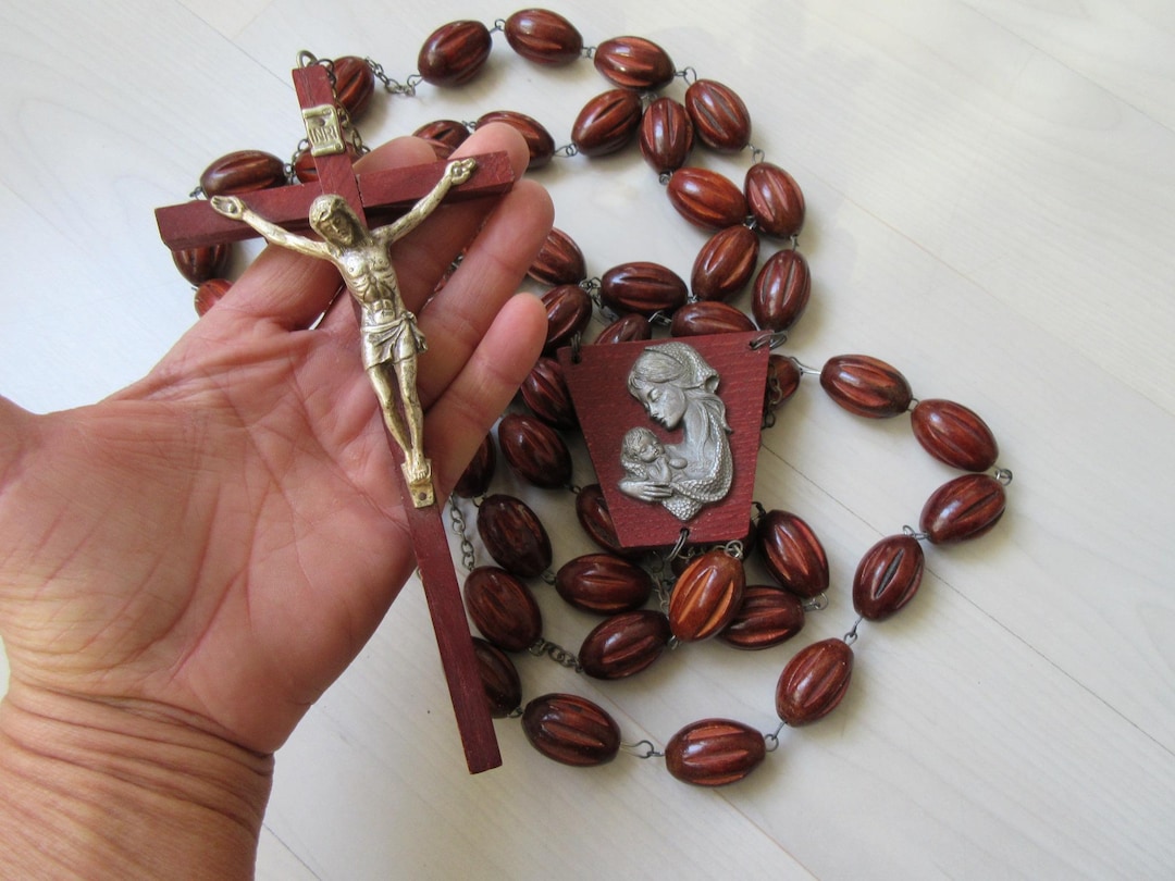 Vintage Large Wood Wall Rosary: Madonna Mary Medal, Carved Beads ...