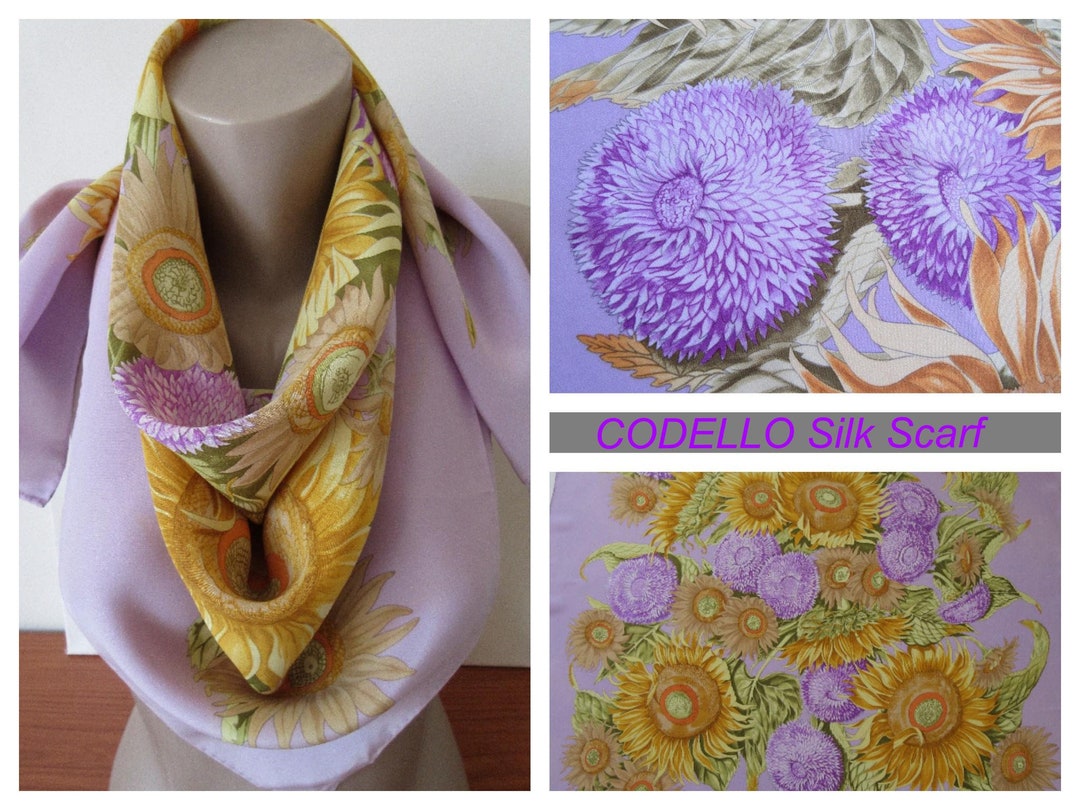 Codello Lovely Vintage Floral Silk Scarf Art Flower Design Sunflowers ...