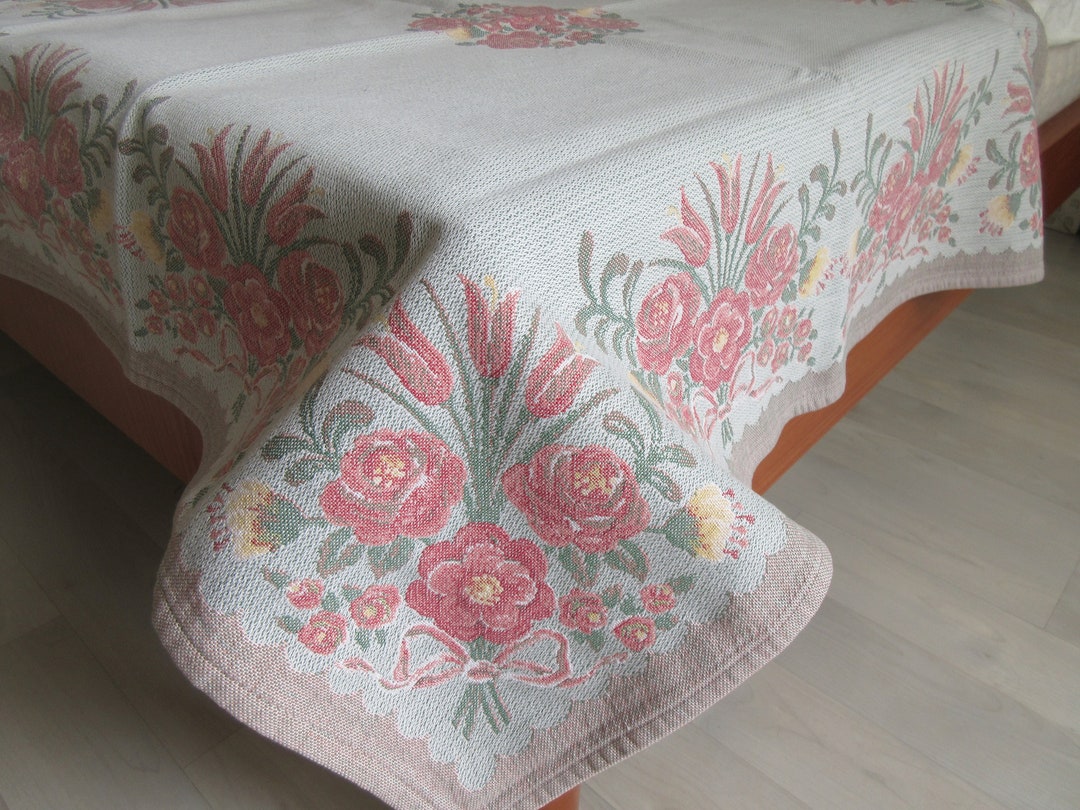 Vintage Austrian Folk Art Tablecloth: Floral Woven Cotton, Mid-century ...