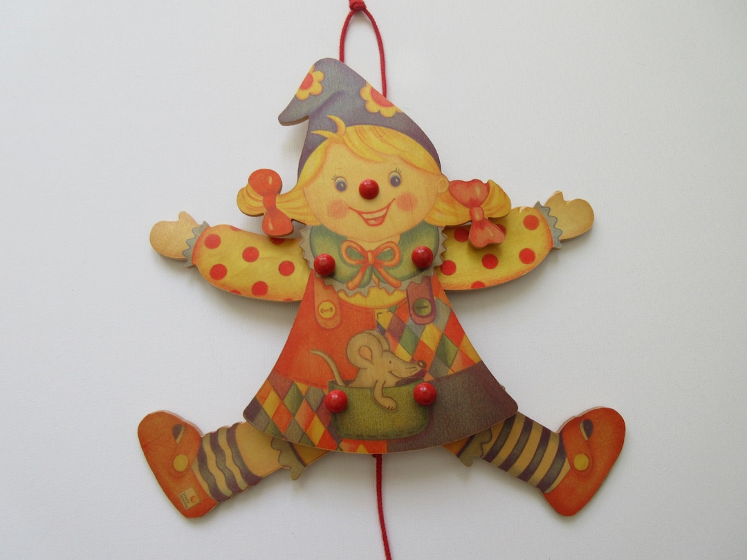Vintage Wooden Clown Marionette Girl Jumping Jack String Puppet Wall ...