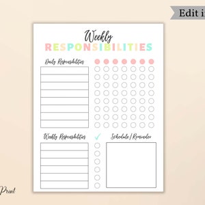 Weekly Daily Chore Chart for Kids Responsibility Chore Chart - Etsy