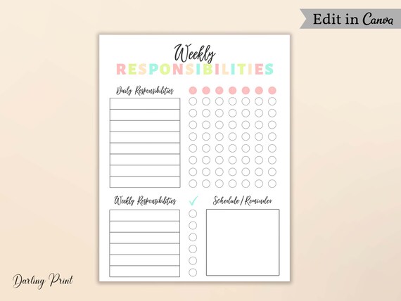 Weekly Daily Chore Chart for Kids Responsibility Chore Chart | Etsy