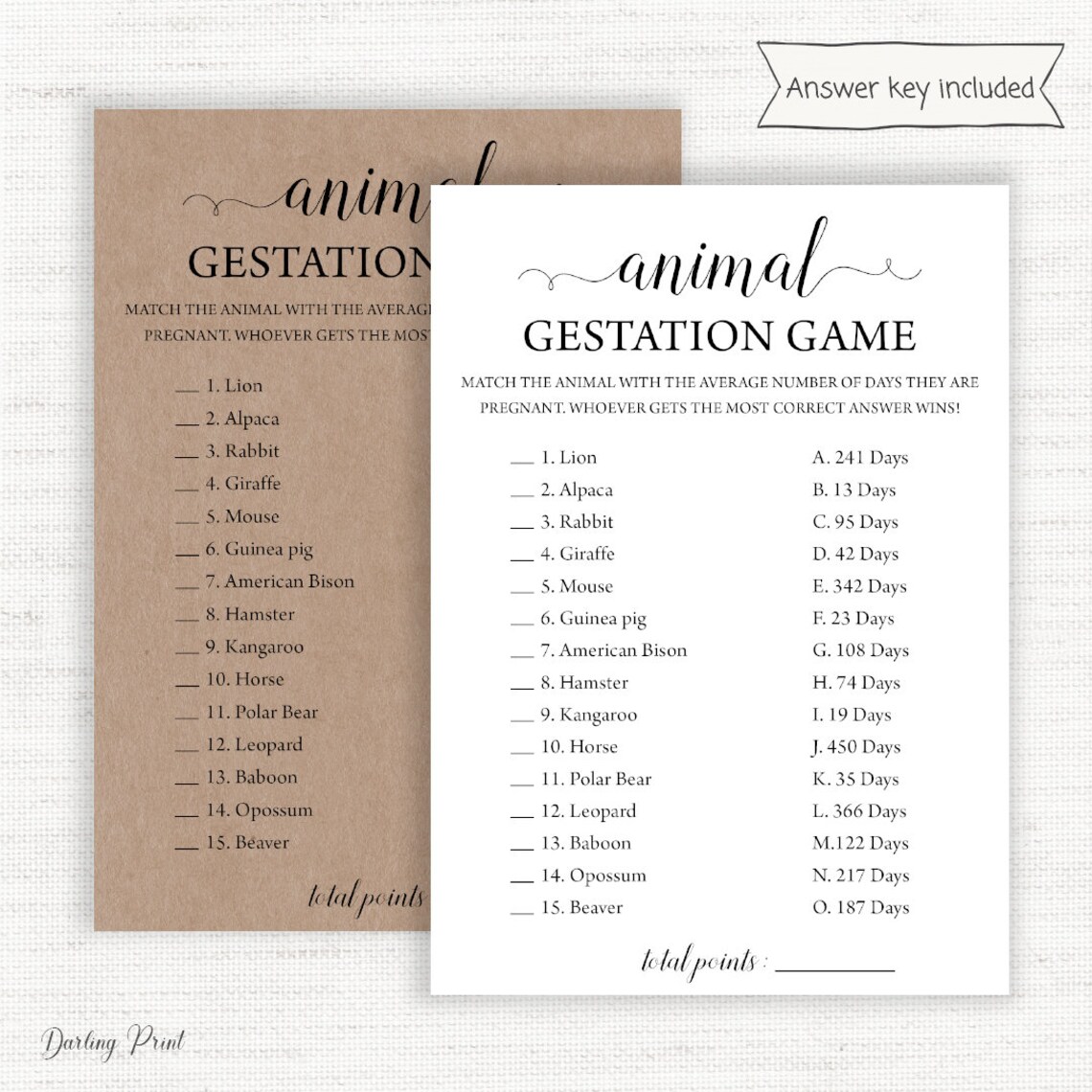 Animal Gestation Game, Animal Pregnancy Game, Baby Shower Quiz, Baby ...
