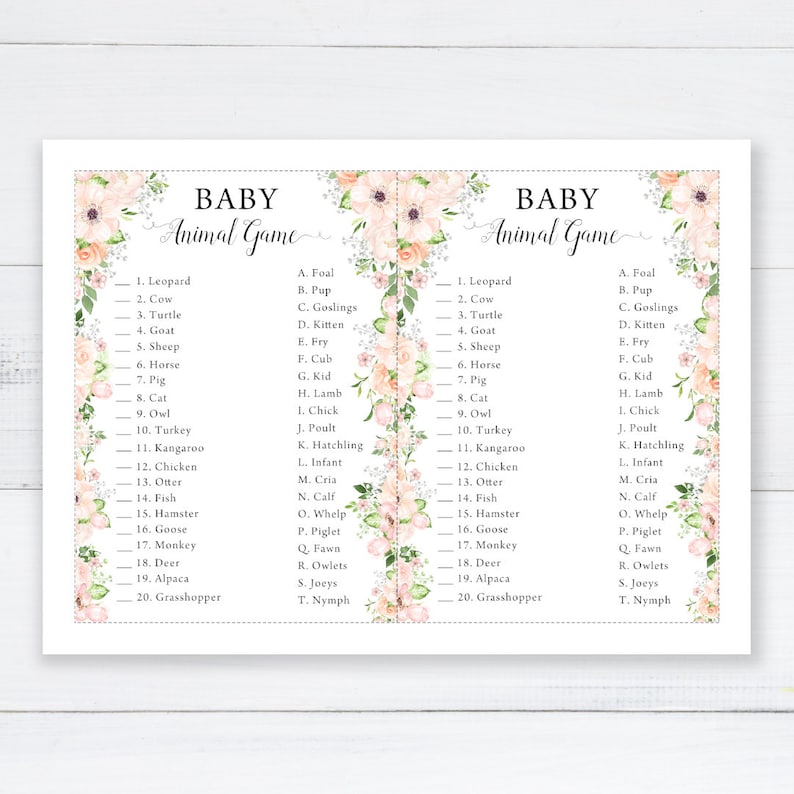 Baby Animal Games Baby Shower, Name That Baby Animal Shower, Pink Blush ...