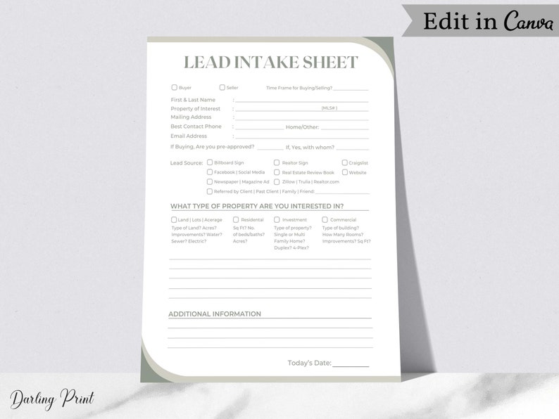 Lead Intake Sheet for Realtors, Lead Tracking Forms, Real Estate Agents ...