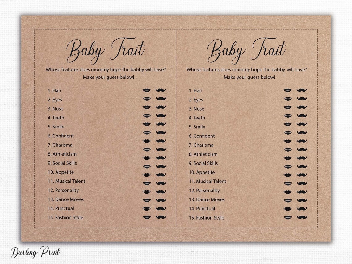 Baby Traits Game, Rustic Baby Shower Game, Kraft Guess Baby Trait, Baby ...