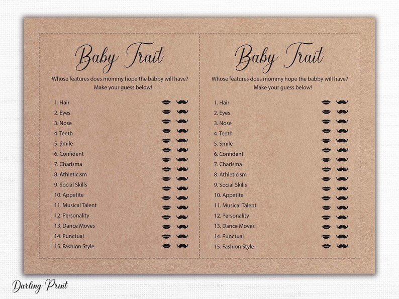 Baby Traits Game, Rustic Baby Shower Game, Kraft Guess Baby Trait, Baby ...