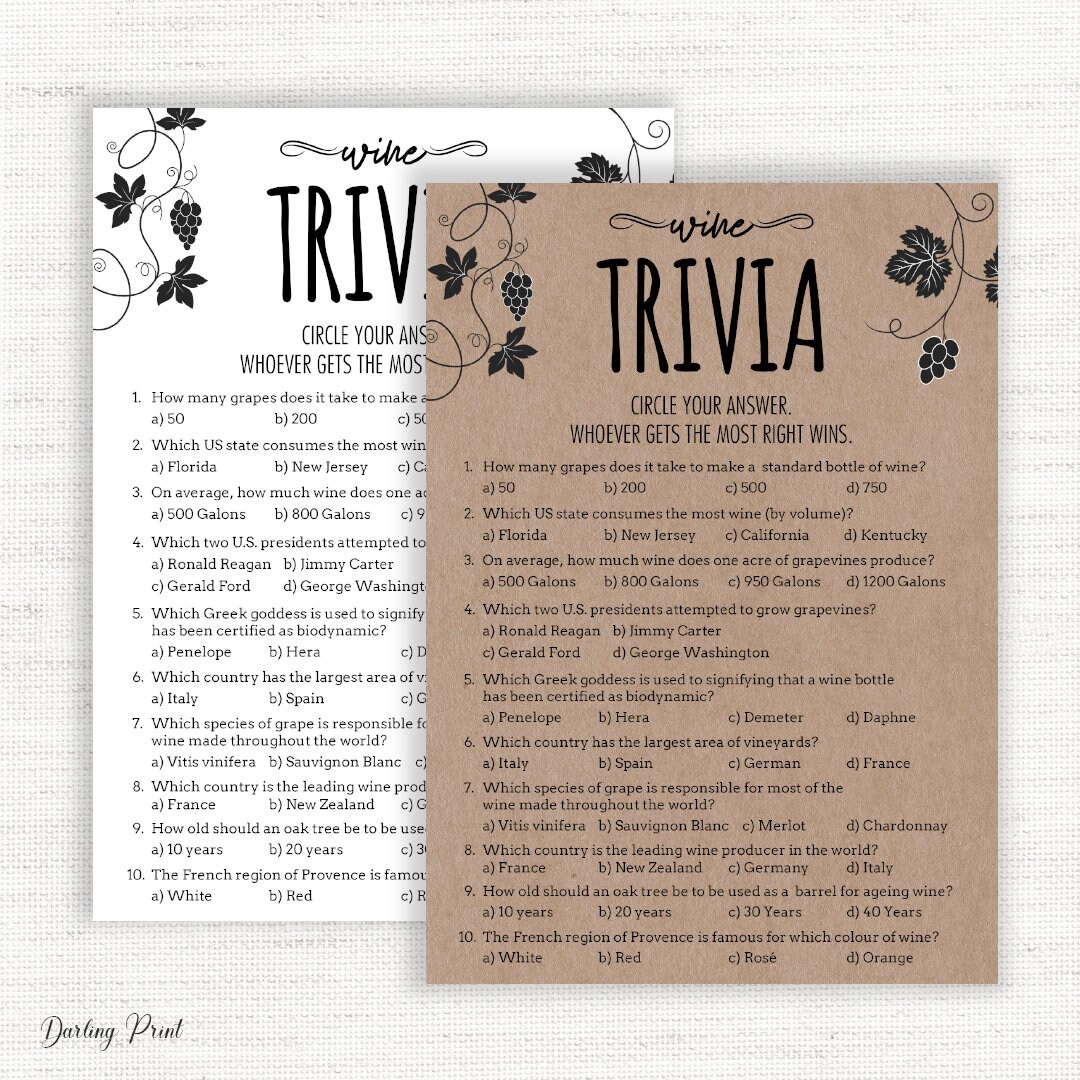 Wine Trivia Bridal Shower Games, Wine Tasting Quiz, Guess the Wine Fact ...