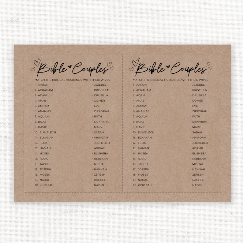 Biblical Couples Game, Bible Couples Quiz, Church Bridal Shower Games ...