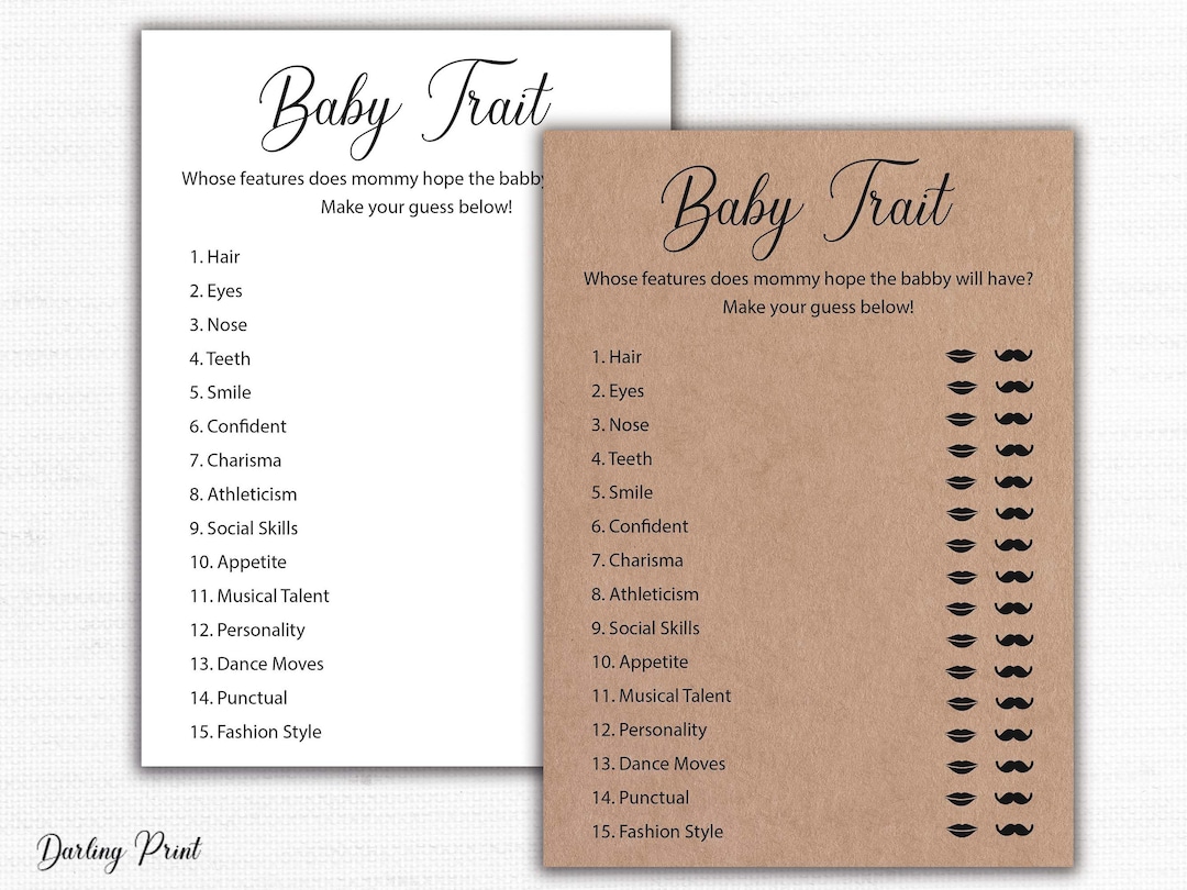 Baby Traits Game, Rustic Baby Shower Game, Kraft Guess Baby Trait, Baby ...