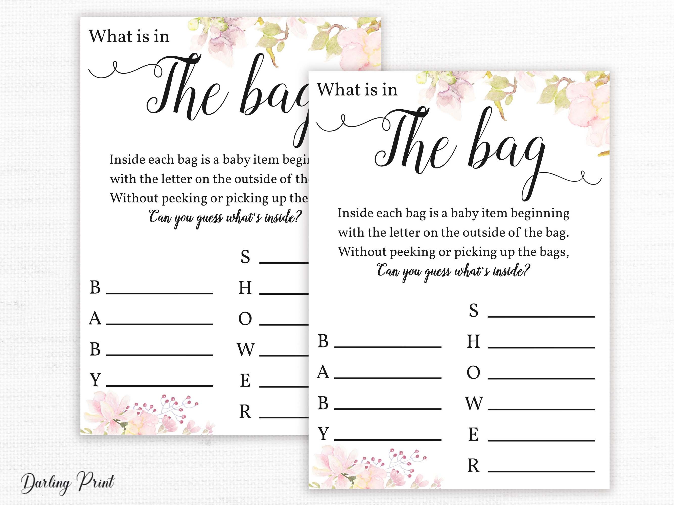 What's in the Bag Baby Shower Games, Pink Blues Guess What is in the ...