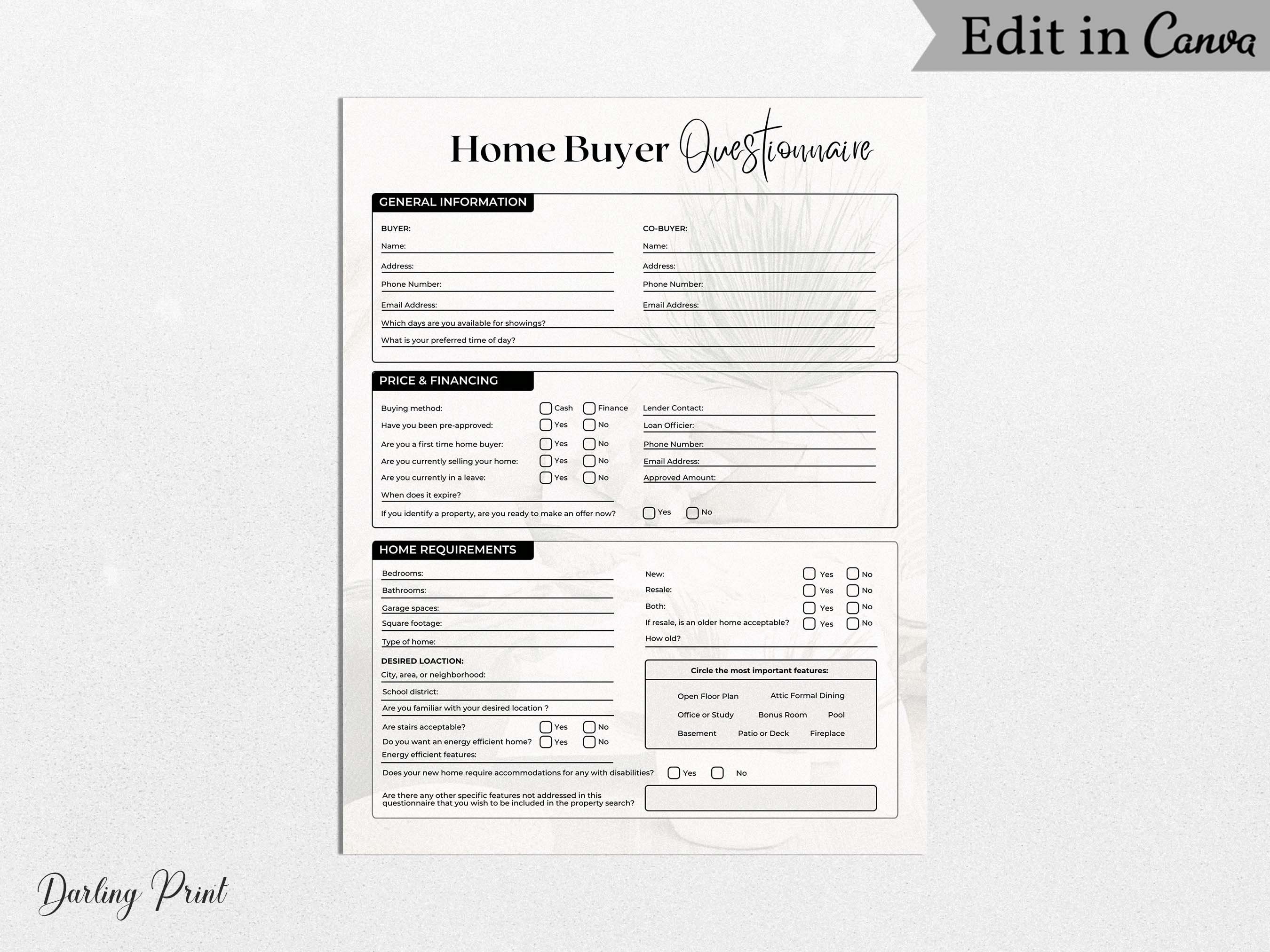 Real Estate Home Buyer Questionnaire, Editable Buyer Survey ...