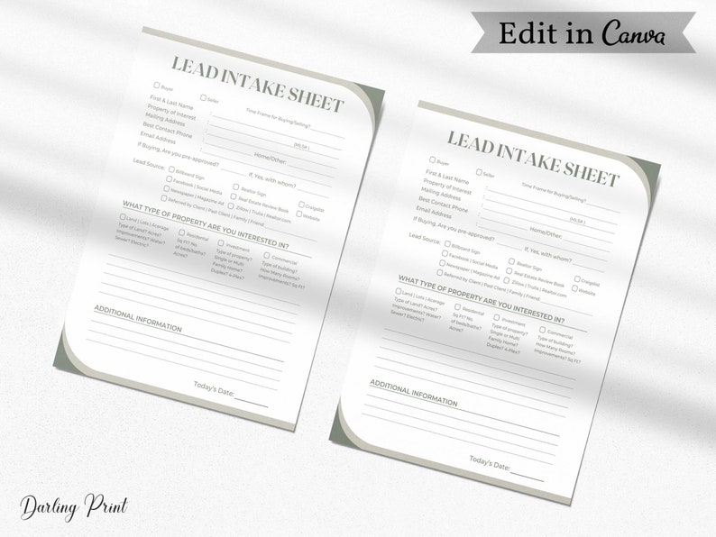 Lead Intake Sheet for Realtors, Lead Tracking Forms, Real Estate Agents ...