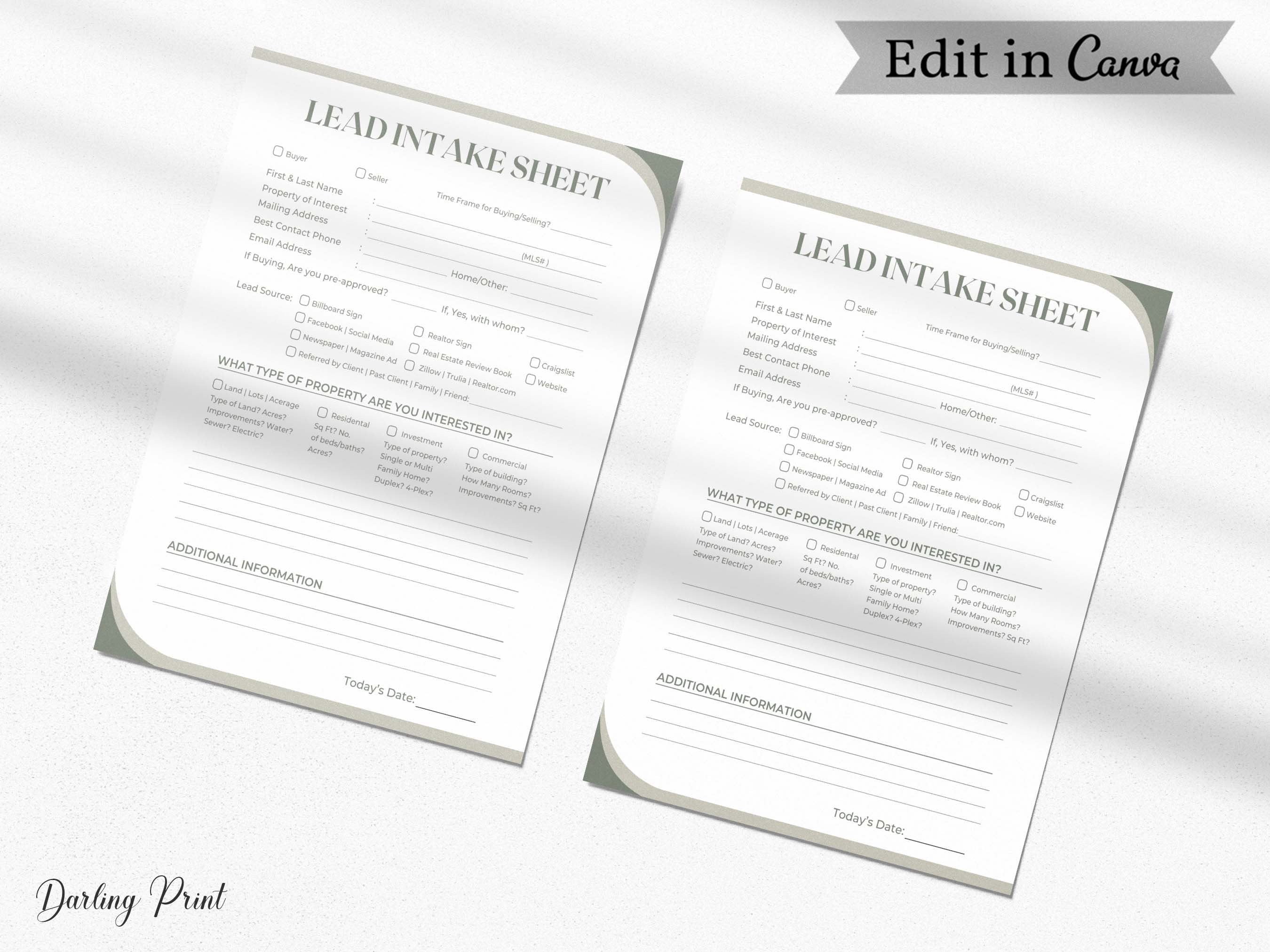 Lead Intake Sheet for Realtors, Lead Tracking Forms, Real Estate Agents ...