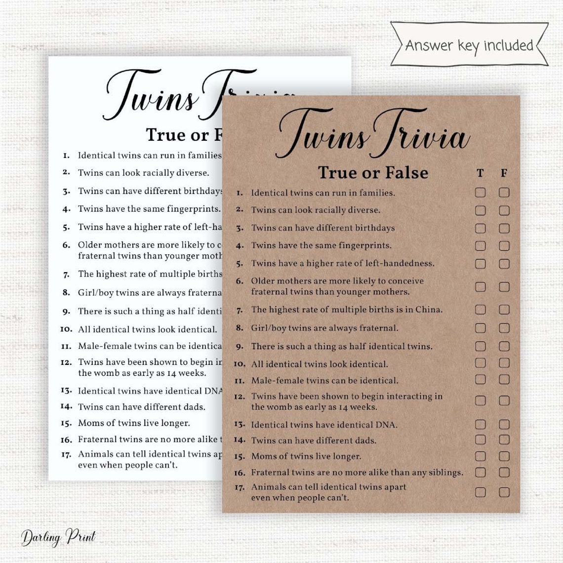 Twin Trivia Baby Shower Game, Twins Baby Shower True or False, Twin ...