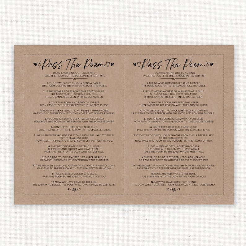 Pass the Poem Bridal Shower Games, Gift Passing Poem, Rustic Bridal ...