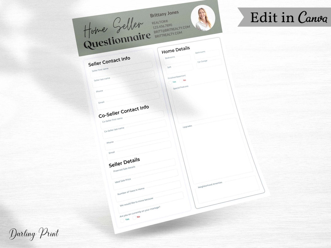 Real Estate Home Seller Questionnaire, Editable Seller Survey ...