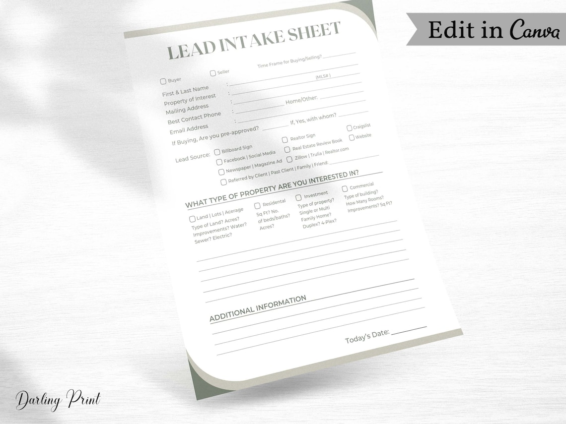 Lead Intake Sheet for Realtors, Lead Tracking Forms, Real Estate Agents ...