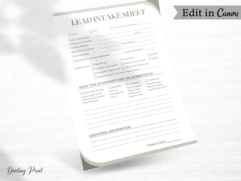 Lead Intake Sheet for Realtors, Lead Tracking Forms, Real Estate Agents ...