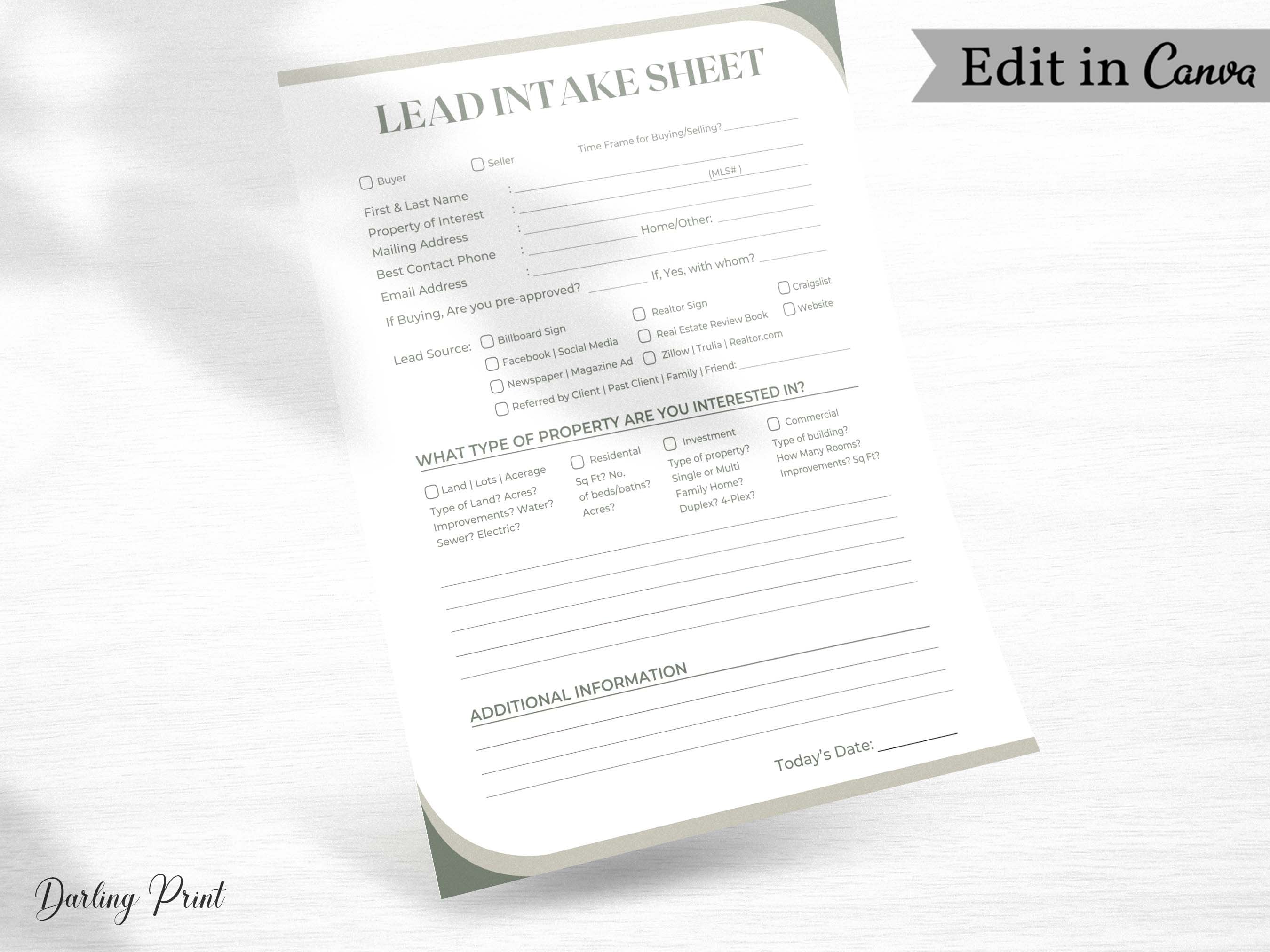 Lead Intake Sheet for Realtors, Lead Tracking Forms, Real Estate Agents ...