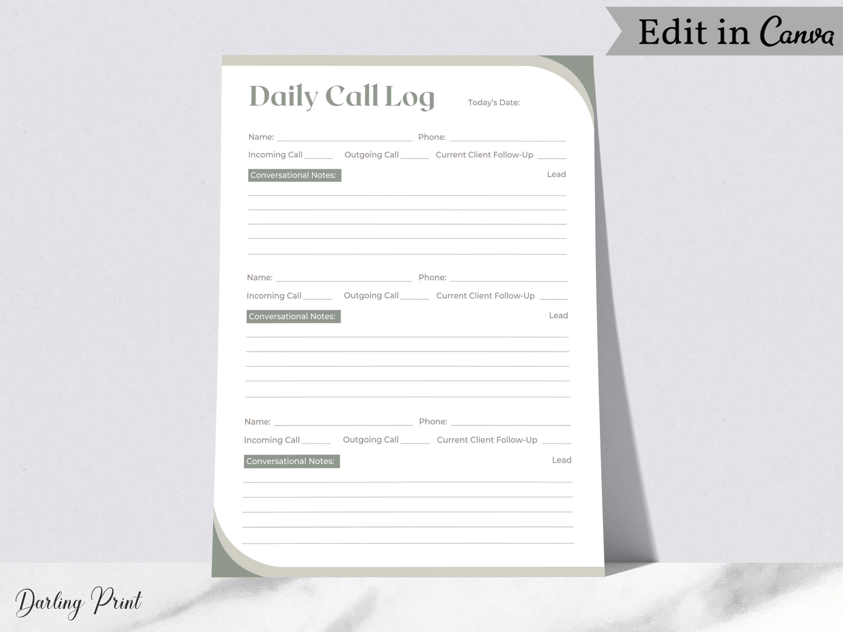 Daily Call Log, Real Estate Lead Tracker, Realtor Form, Realtor Daily ...